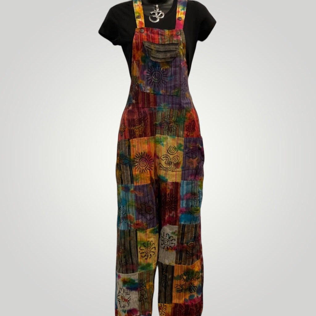 Multi Color Tie Dye Patchwork Overalls with Spiritual Symbols - eyeamzenenergy